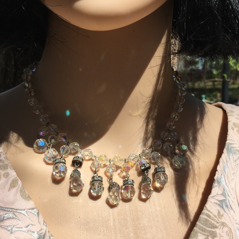 Vintage Iridescent Glass Teardrop Necklace Gem